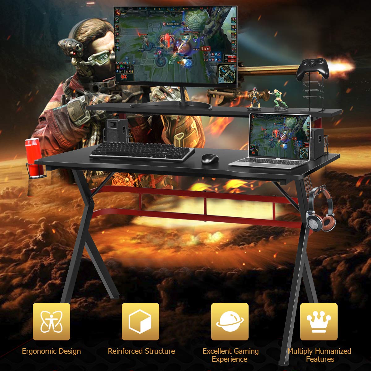 Tangkula Gaming Desk, Professional Gamer Workstation with Cup Holder, Headphone Hook, Handle Rack, Ergonomic PC Gaming Table with Monitor Stand, E Sports Computer Desk Table for Home, Office (Black)