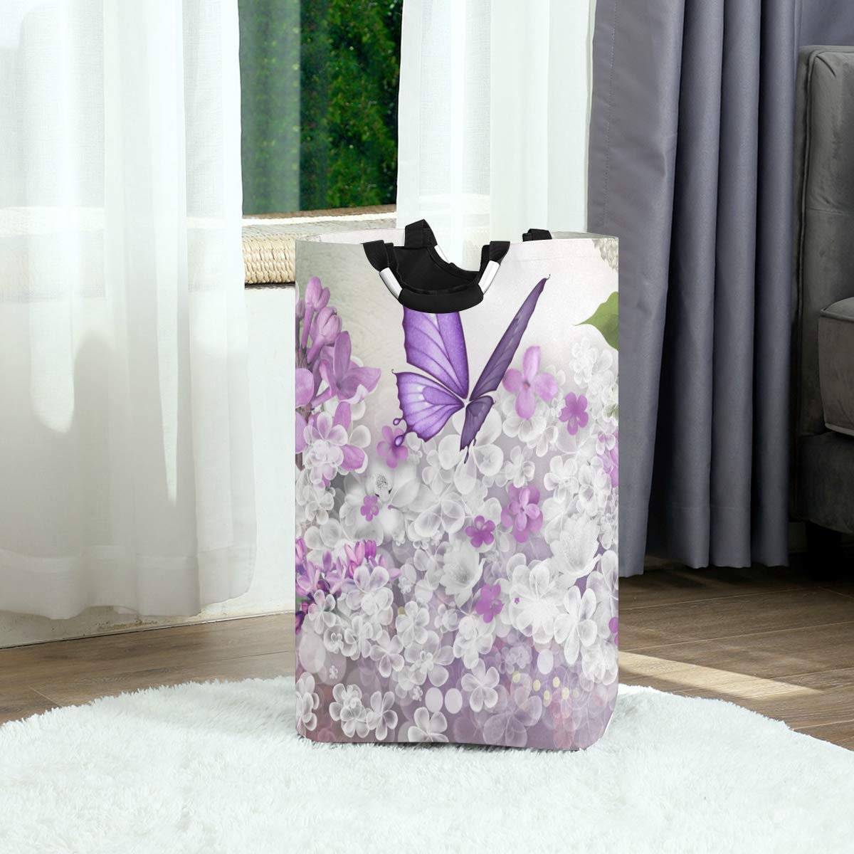 senya Butterflies Flowers Purple Large Storage Basket Collapsible Organizer Bin Laundry Hamper for Nursery Clothes Toys