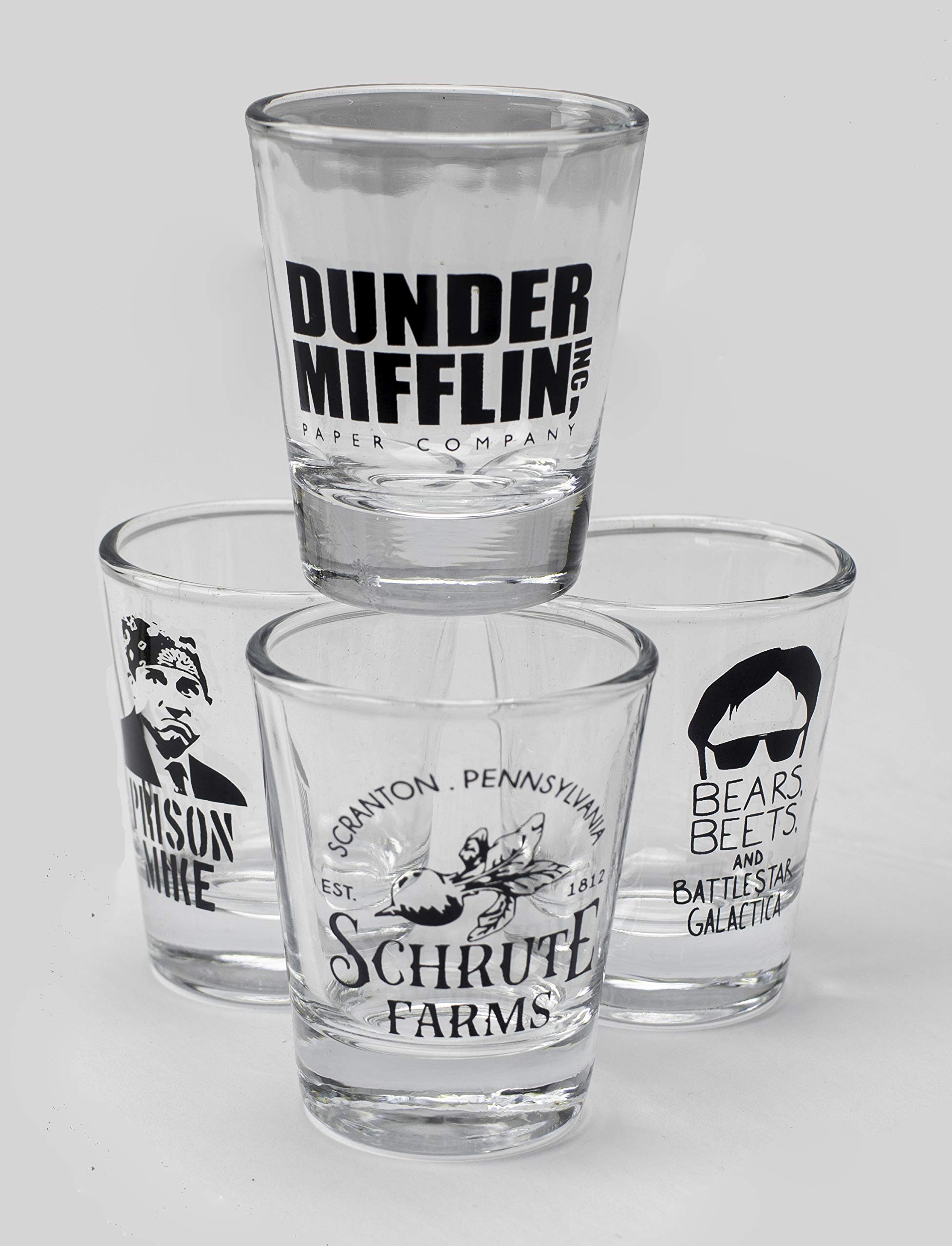 The Office 4 Piece Shot Glass Set (Dunder Mifflin, Prison Mike, Schrute Farms, and Bears, Beets, Battlestar Galactica))