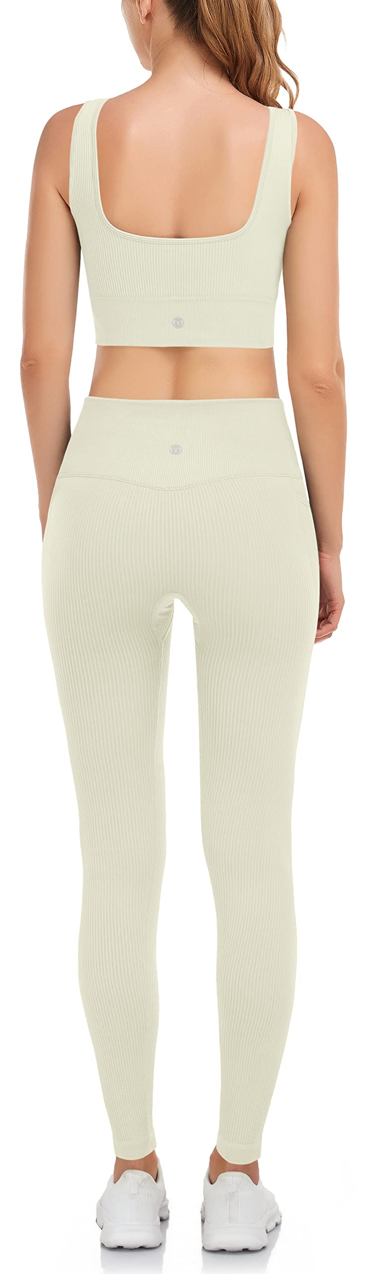 Women's Yoga Workout Seamless Sets with Ribbed,2 Piece Set with Ribbed Scooped Neckline Top