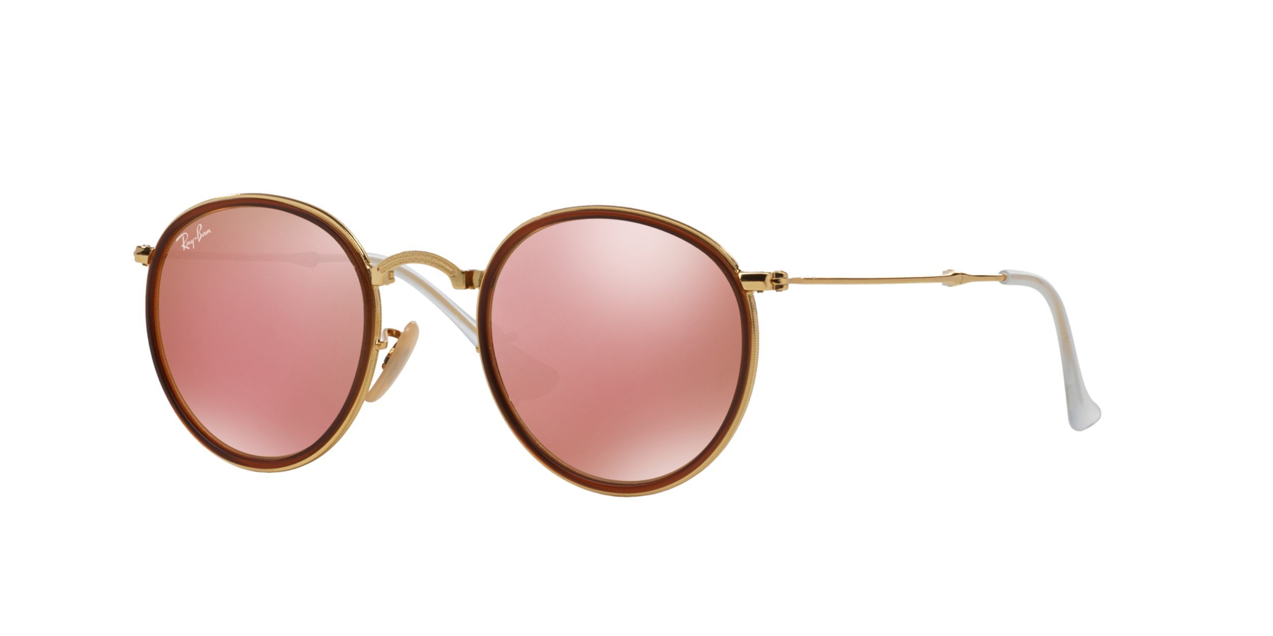 Ray-Ban Rb3517 Folding I Round Sunglasses, Gold/Light Brown Mirrored Pink, 51 mm