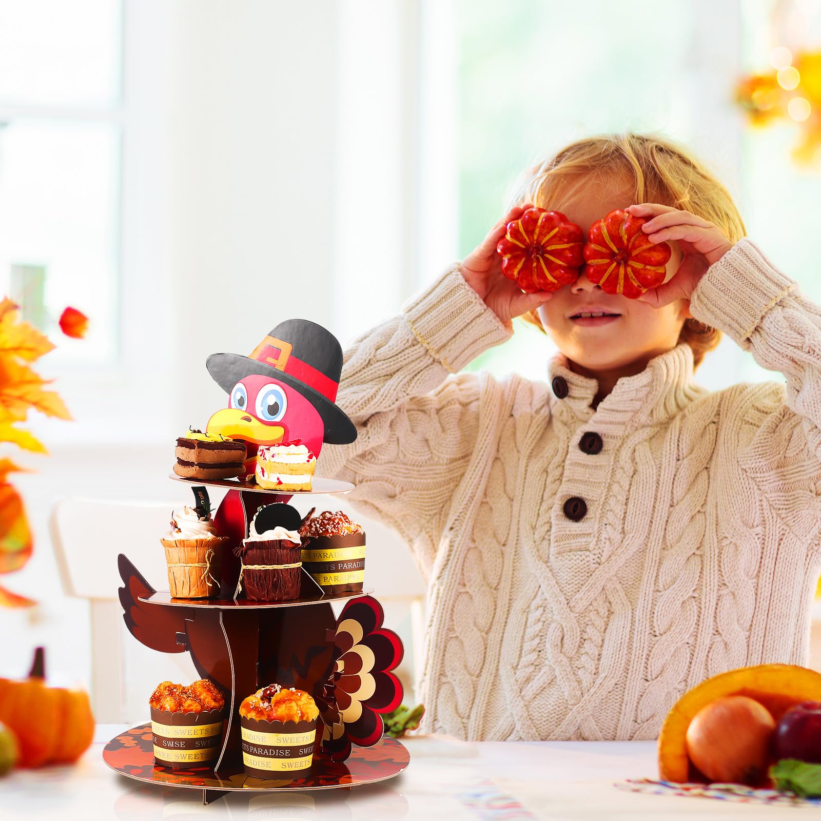 Uiifan Thanksgiving Day Cupcake Stand 3 Tiers Turkey Maple Leaf Cardboard Cake Dessert Holder Tower Cookie Trays for Fall Autumn Thanksgiving Decorations Party Supplies
