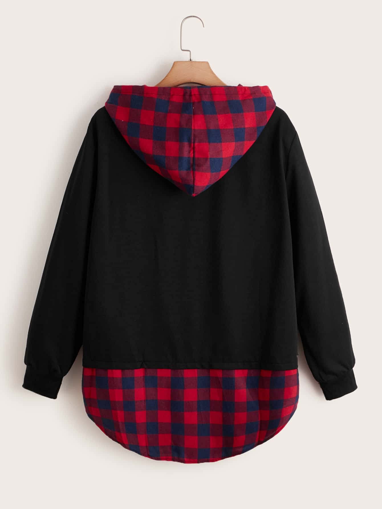 WDIRARA Women's Plus Size Plaid Long Sleeve Drawstring Hoodie Sweatshirt Black 3XL