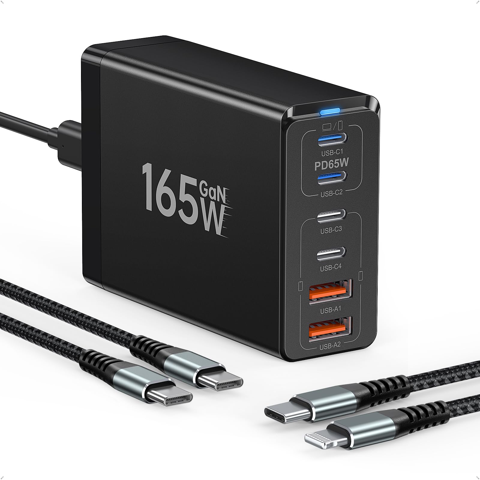 USB C Fast Charger, 165W GaN 6 Port PD USB C with QC USB A Charging Station Hub Block, Type C Laptop Power Adapter for MacBook Pro/Air, iPad Pro/Air, iPhone 11 12 13 14 15, with 2Pack 6.6ft Cable