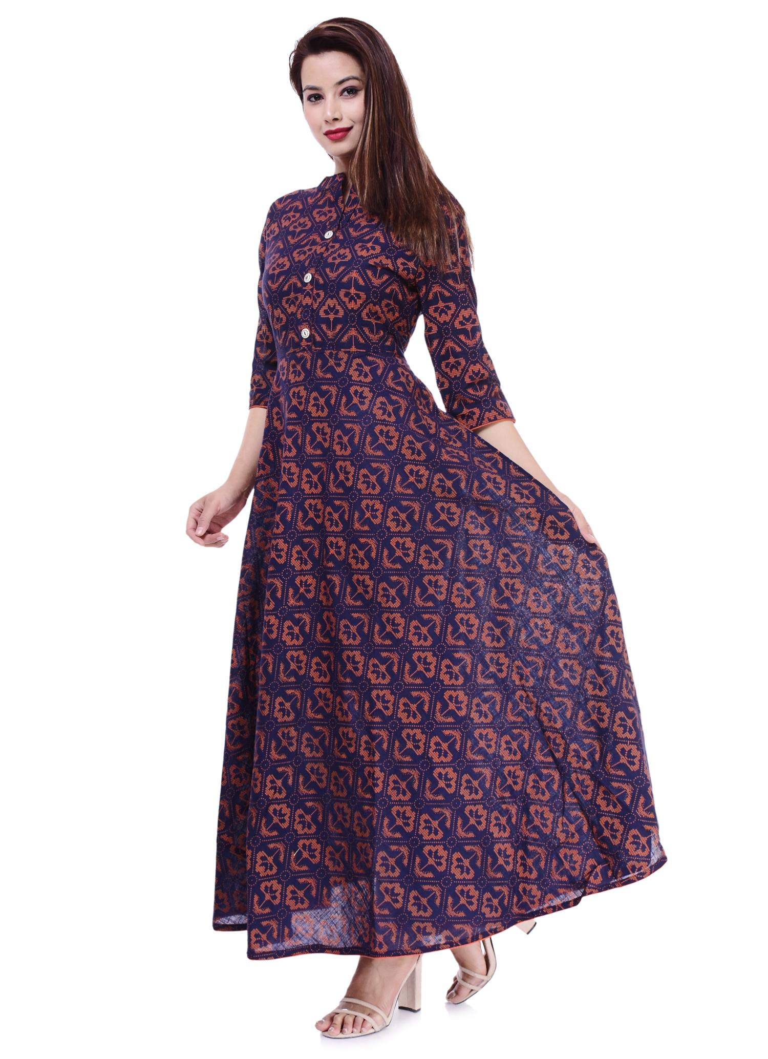 Ramkudi Indian Women's Printed Cotton Kurti Top (Blue-Brown)