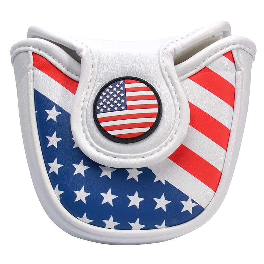 PLUSKER USA Golf Club Mallet Putter Cover Magnetic Closure American Flag Stars and Stripes Pattern Design Leather Patriotic Head Cover