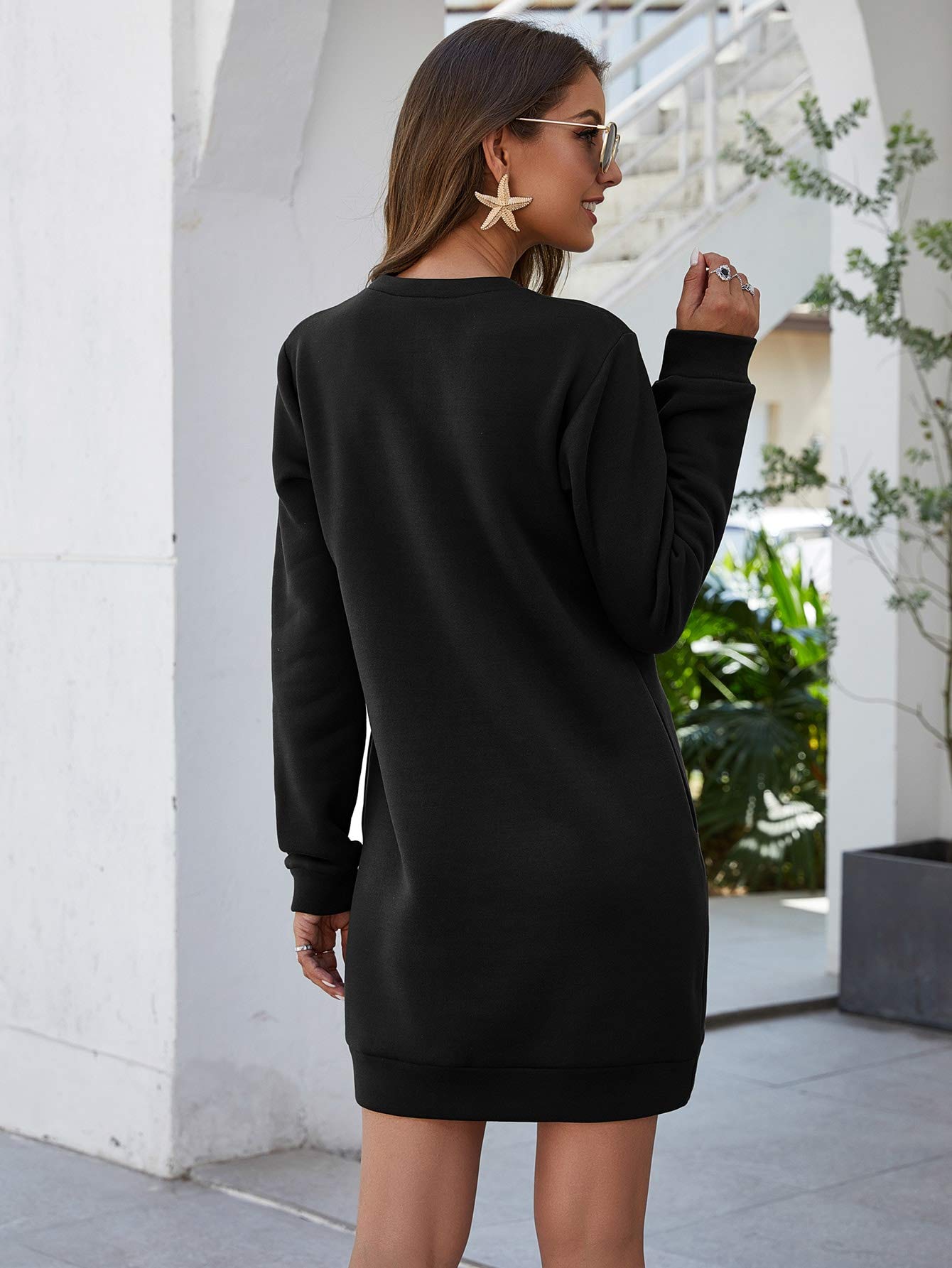 SweatyRocks Women's Women's Solid Crew Neck Fleece Pullover Sweatshirt Dress with Pocket Black L