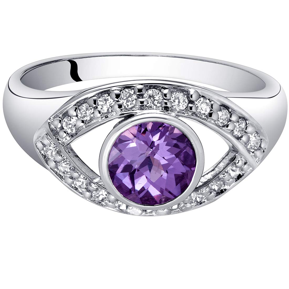 PEORA Simulated Alexandrite Ring in Sterling Silver, Enlightened Eye Design, Round Shape, 6mm, 1 Carat total, Size 8
