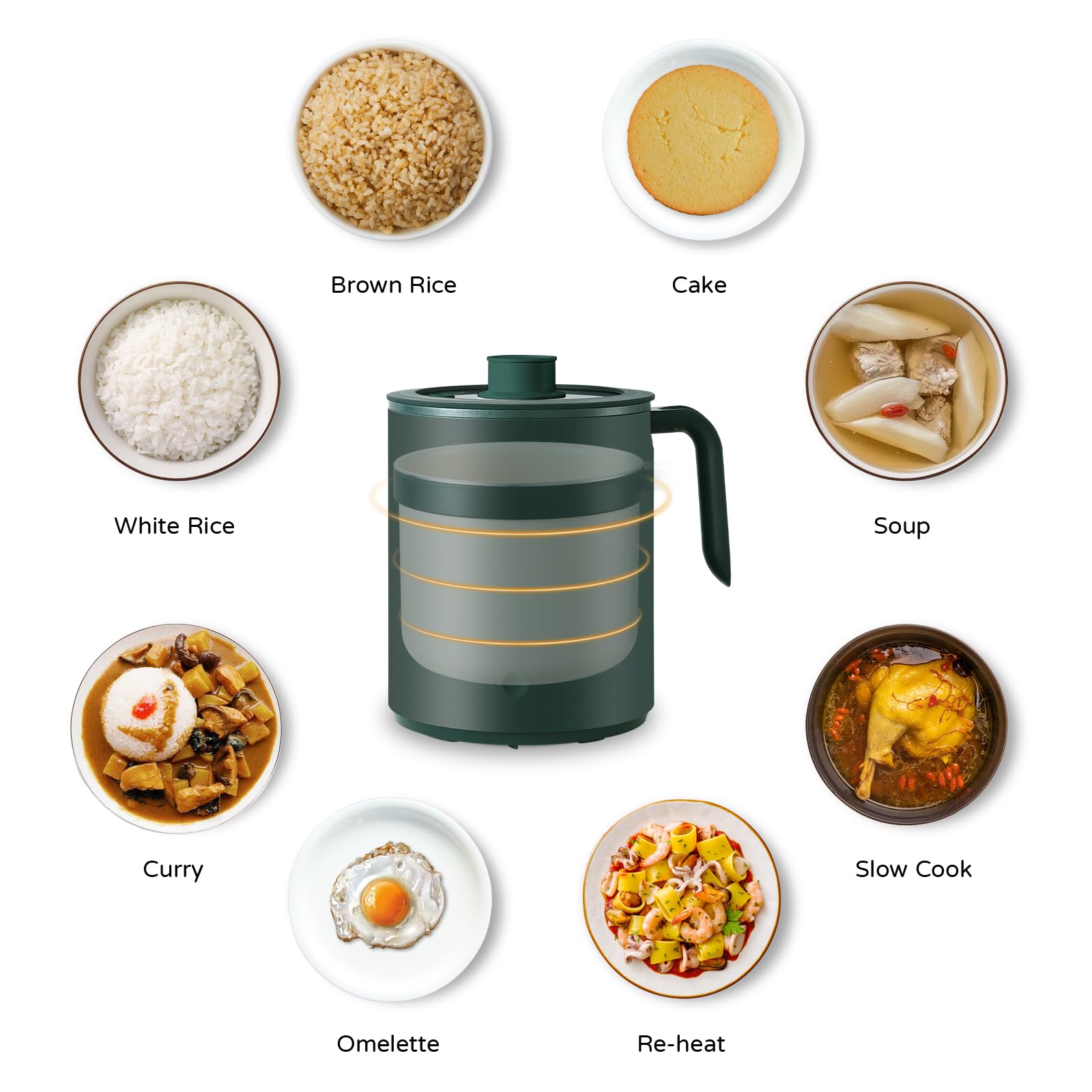 OCTAVO 2 Cup Rice Cooker Mini Small Size 5 Preset Function with 4/6/8 Delay Timer, 1.0L Rice Cooker with Portable Handle, Simplicity Glass Lid Small Rice Cooker for 1-2 People, Rice maker,green