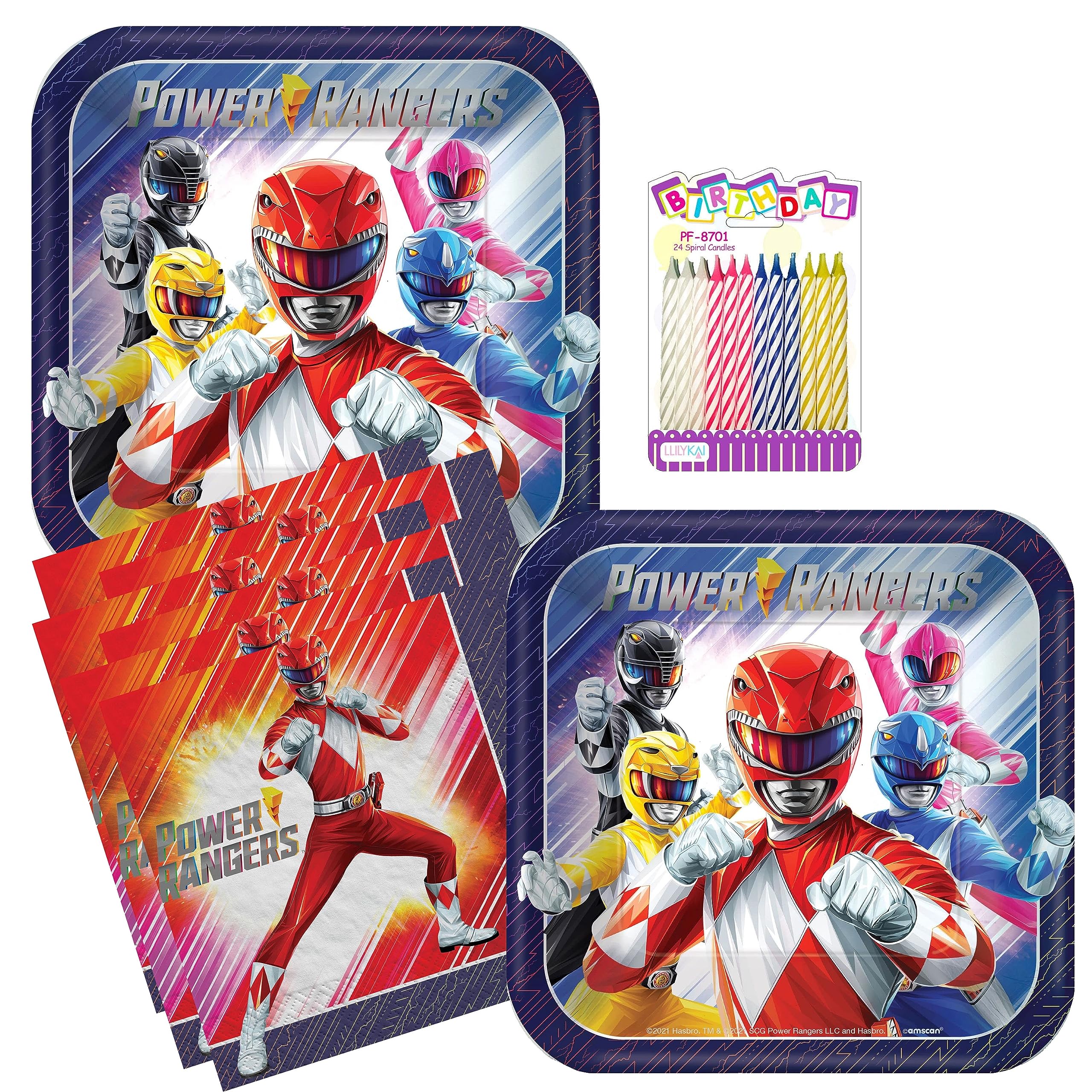 Power Rangers Party Supplies Pack Serves 16: Dessert Plates and Beverage Napkins with Birthday Candles (Bundle for 16)