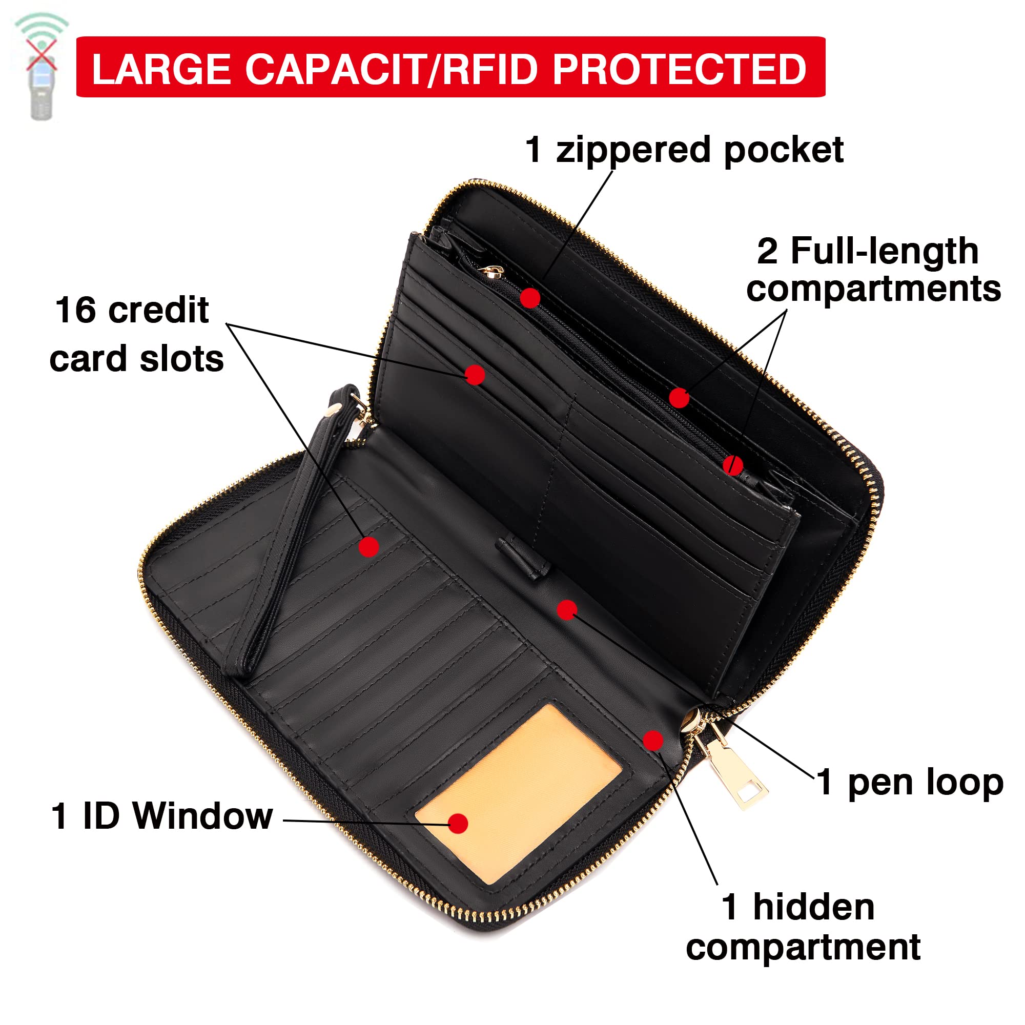 YZAOLL Women's Wallet RFID Blocking PU Leather Large Capacity Zip Around Credit Card Holder Cell Phone Checkbook Storage Bag Zipper Coin Purse,black