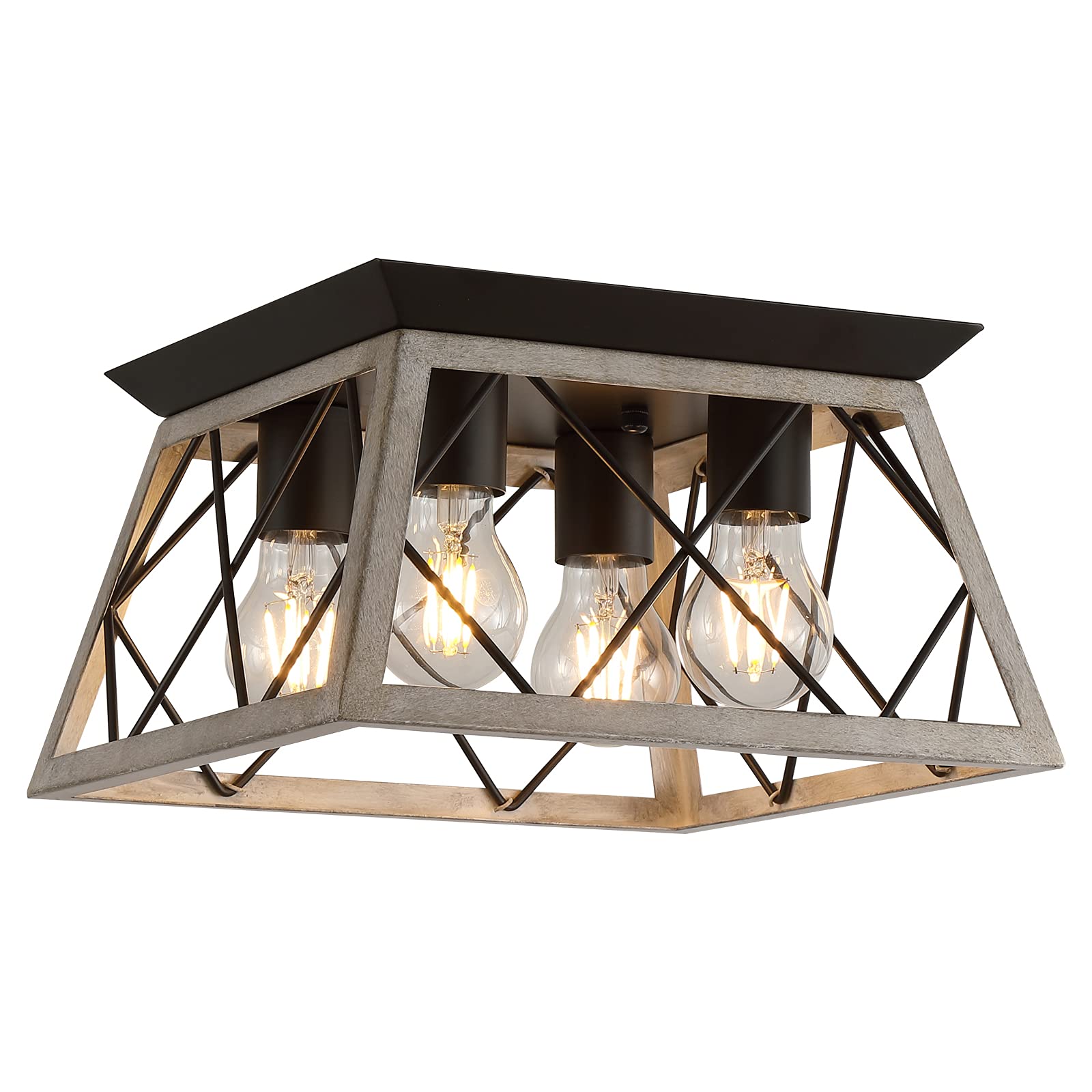 Q&S Farmhouse Ceiling Light OAK Semi Flush Mount Vintage 4-Light Square Rustic Island Light Fixtures for Entryway Hallway Dining Room Living Room Bedroom