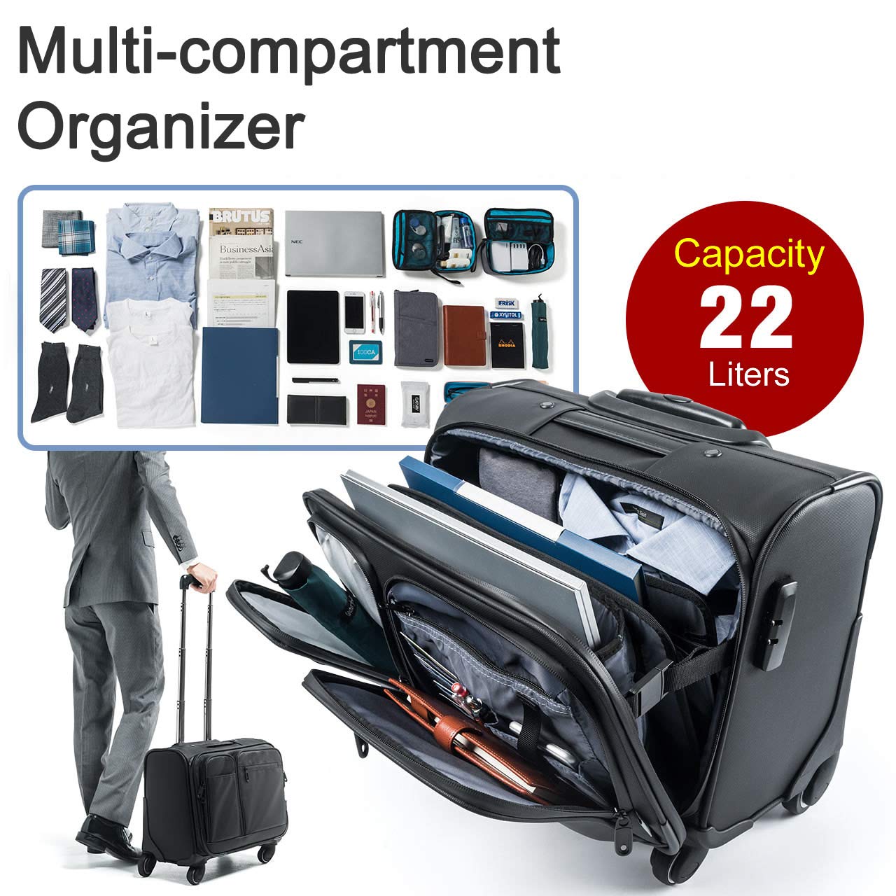 SANWA Rolling Laptop Bag with Lock, 22L Cabin Size, Water Resistant, Overnight Computer Briefcase on Wheels, Business & Travel &Carry On Luggage Bag with Telescoping Handle, 14-inch PC, for Men Women