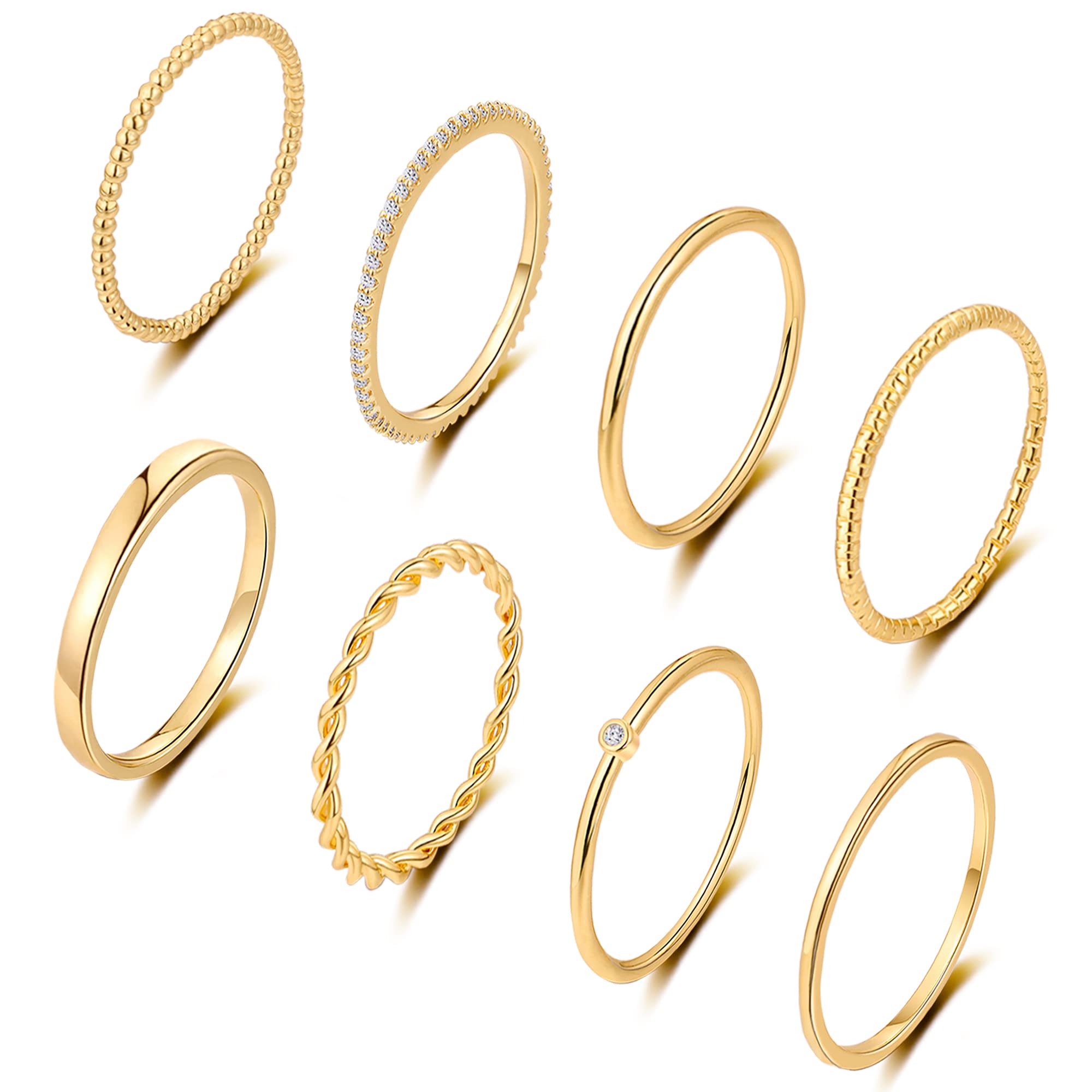 TOSGMY 8PCS 14K Gold Plated Rings Stacking Rings for Women Stackable Knuckle Rings Thin Gold Ring Statement Band Comfort Fit Size 5-9