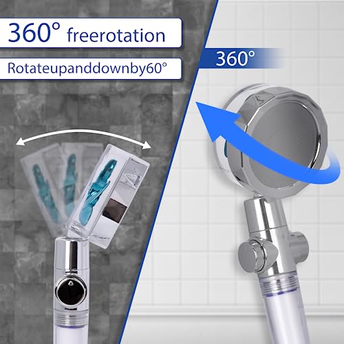 TESECU Turbo Shower Head, Modern Style, 5 Settings, 6 L/min Flow, 360 Rotation, Tool-Free Installation, ABS Material, Stainless Steel Panel, 79" Shower Hose, Bath Ball, Shampoo Comb