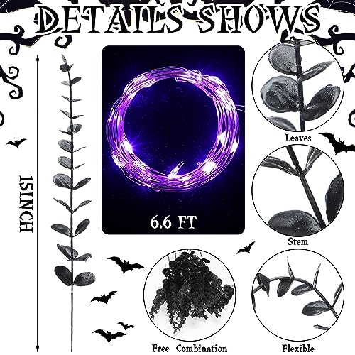 Tigeen 100 Pcs Halloween Black Eucalyptus Stems with Light Strings 15'' Artificial Eucalyptus Leaves Decor Artificial Greenery for Decoration Halloween Flowers Eucalyptus Branches Fake Eucalyptus Stem