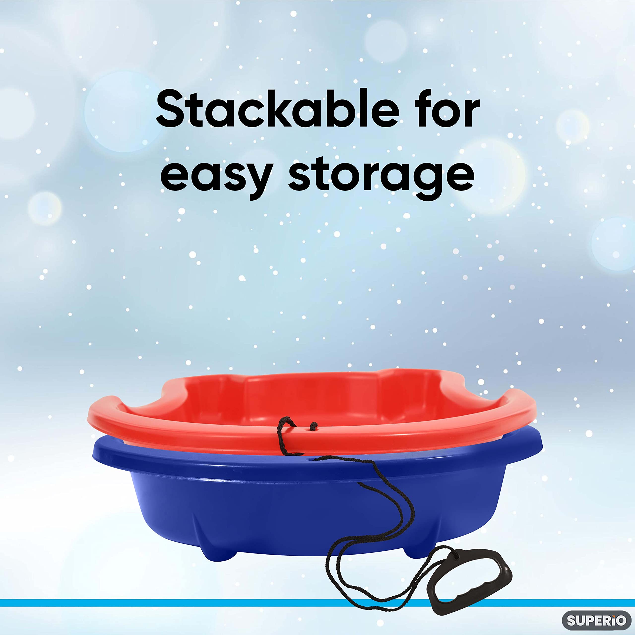 Superio Pack of 2 Toboggan Snow Sleds for Kids and Adults, 37" Plastic Sleds with Pull Ropes and Handles (Red-Blue)