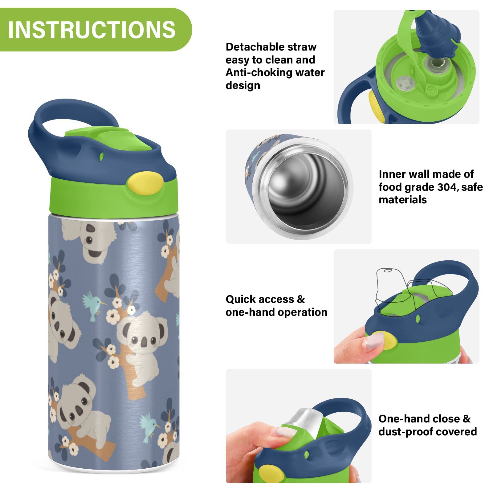 Water Bottle with Straw Koala,12 oz.,BPA Free Water Bottle for Travel/School(226cr6a)