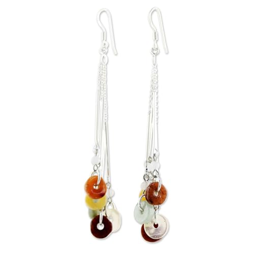 NOVICA Artisan Handmade Jade Quartz Waterfall Earrings | .925 Sterling Silver Glass Bead Dangle Earrings | Multi-color Stones Dangle Earring | Handcrafted Jewelry | Earthy Blend Themed Thailand