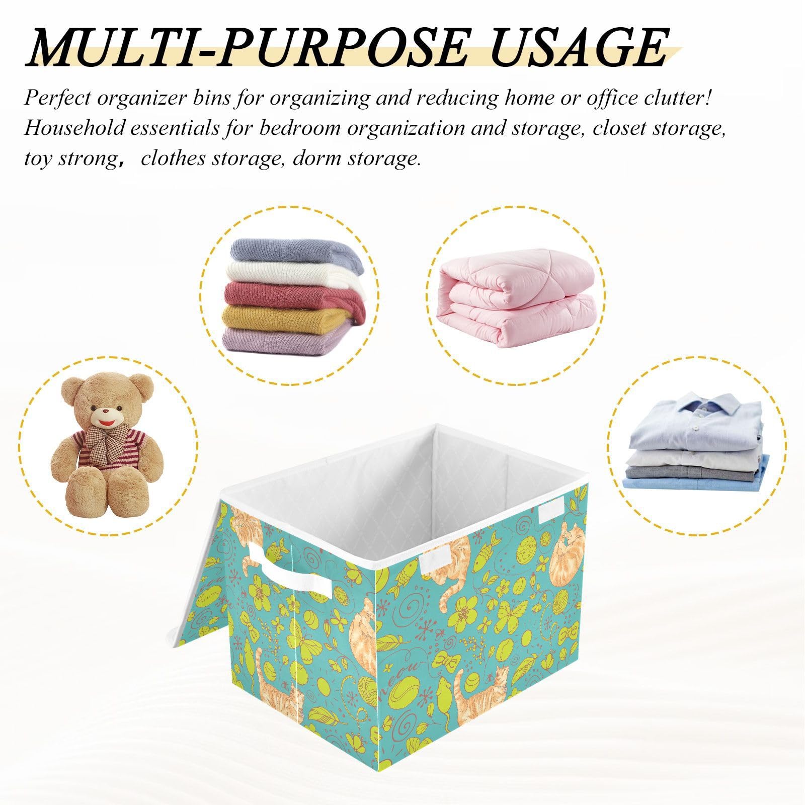 senya Large Collapsible Storage Bins with Lids, Cats on Turquoise Background Storage Baskets Organizer Containers with Handles for Nursery Clothes Toys