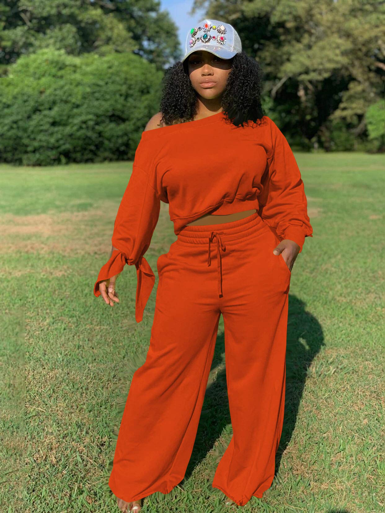 TOPSRANI Women's 2 Piece Outfits Casual Solid Sweatsuits Baggy Long Sleeve Loose Matching Wide Leg Tracksuit Pants Sets Orange L