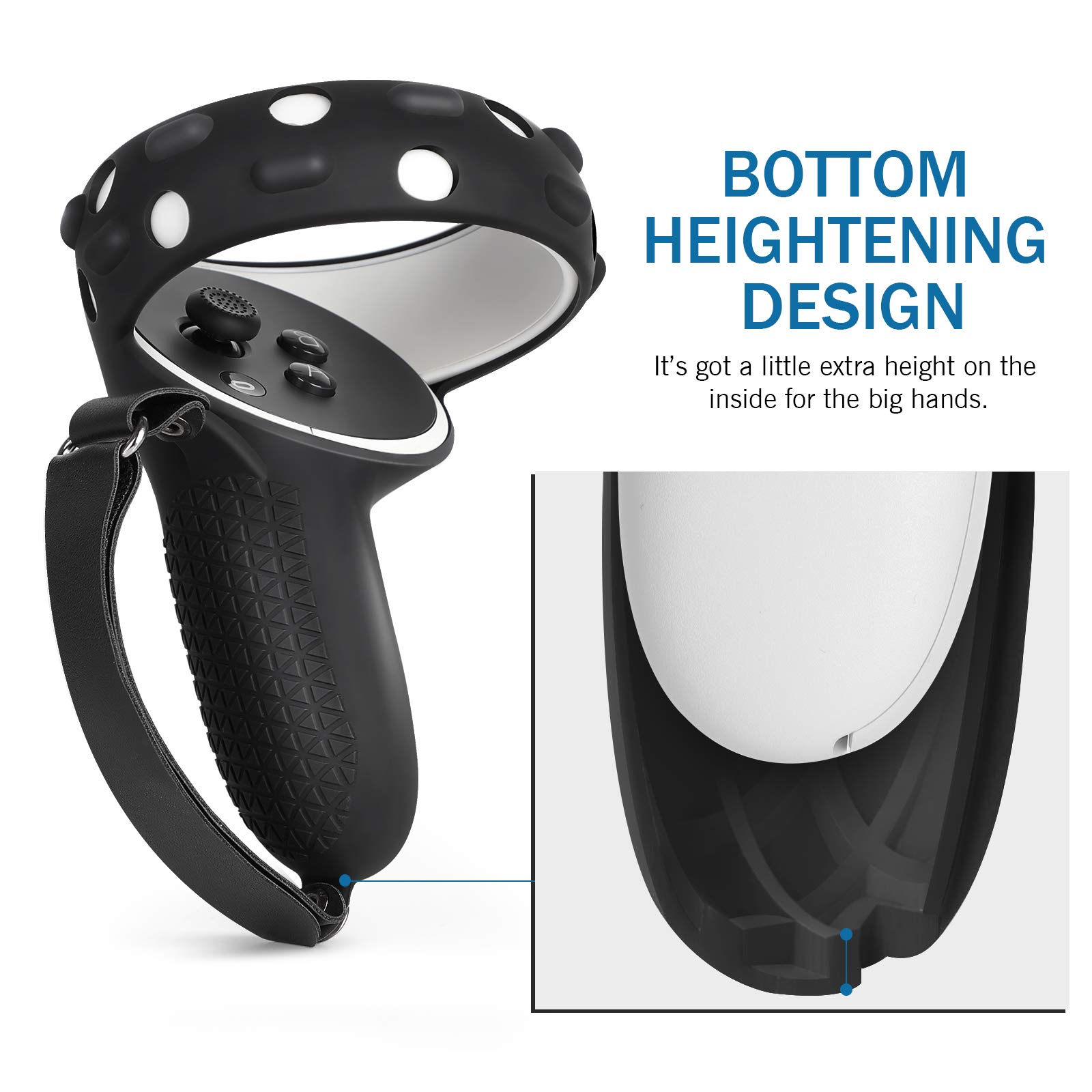 Touch Controller Grip Cover for Oculus Quest 2, Kuject Full Coverage Anti-Throw Handle Protective Sleeve, Lengthened Bottom with Adjustable Hand Strap Black
