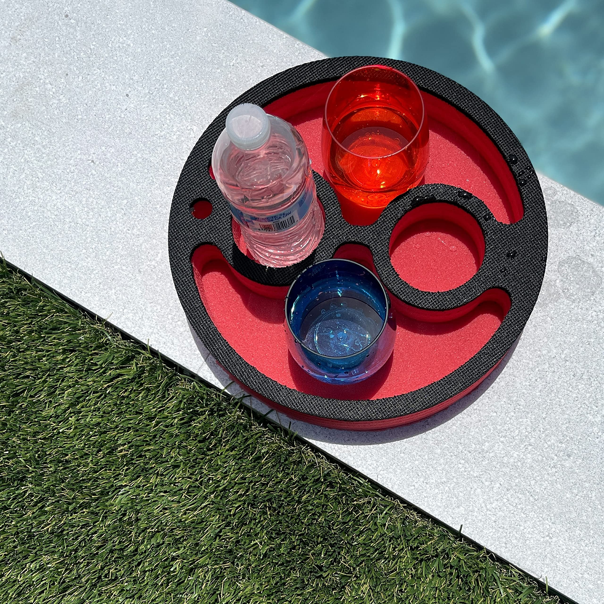 Polar Whale Floating Red and Black Round Spa Hot Tub Bar Drink and Snack Table Blue Refreshment Tray for Pool or Beach Party Float Food Lounge Durable Foam 11.75 Inches