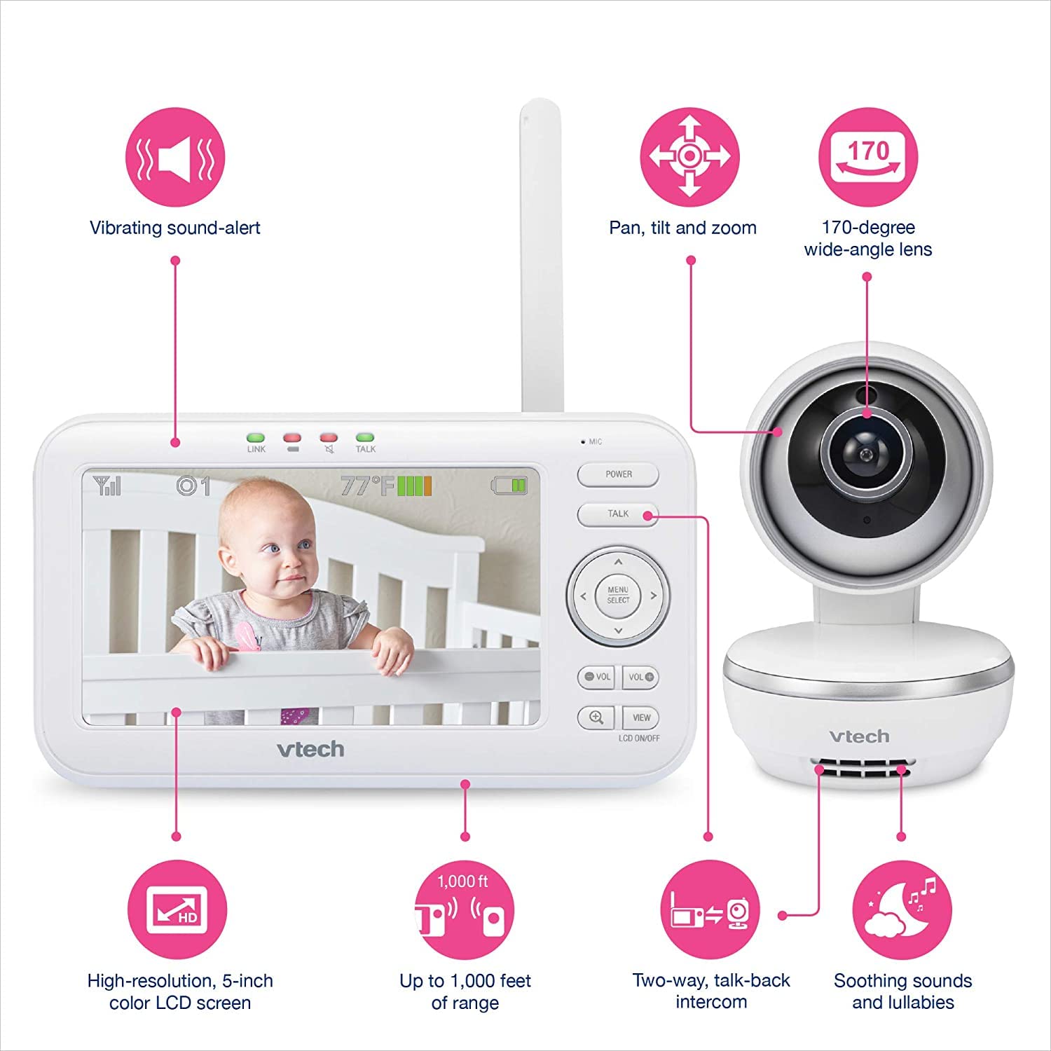 VTech VM5261 5β Digital Video Baby Monitor with Pan & Tilt Camera, Wide-Angle Lens and Standard Lens, White (Renewed)