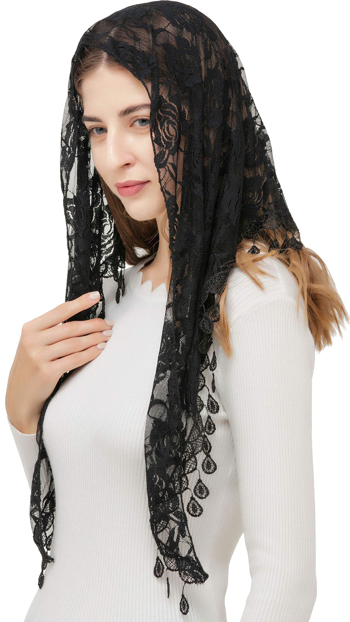 PAMOR Mass Veil Triangle Mantilla Cathedral Head Covering Chapel Veil Lace Shawl Latin Scarf (Black)