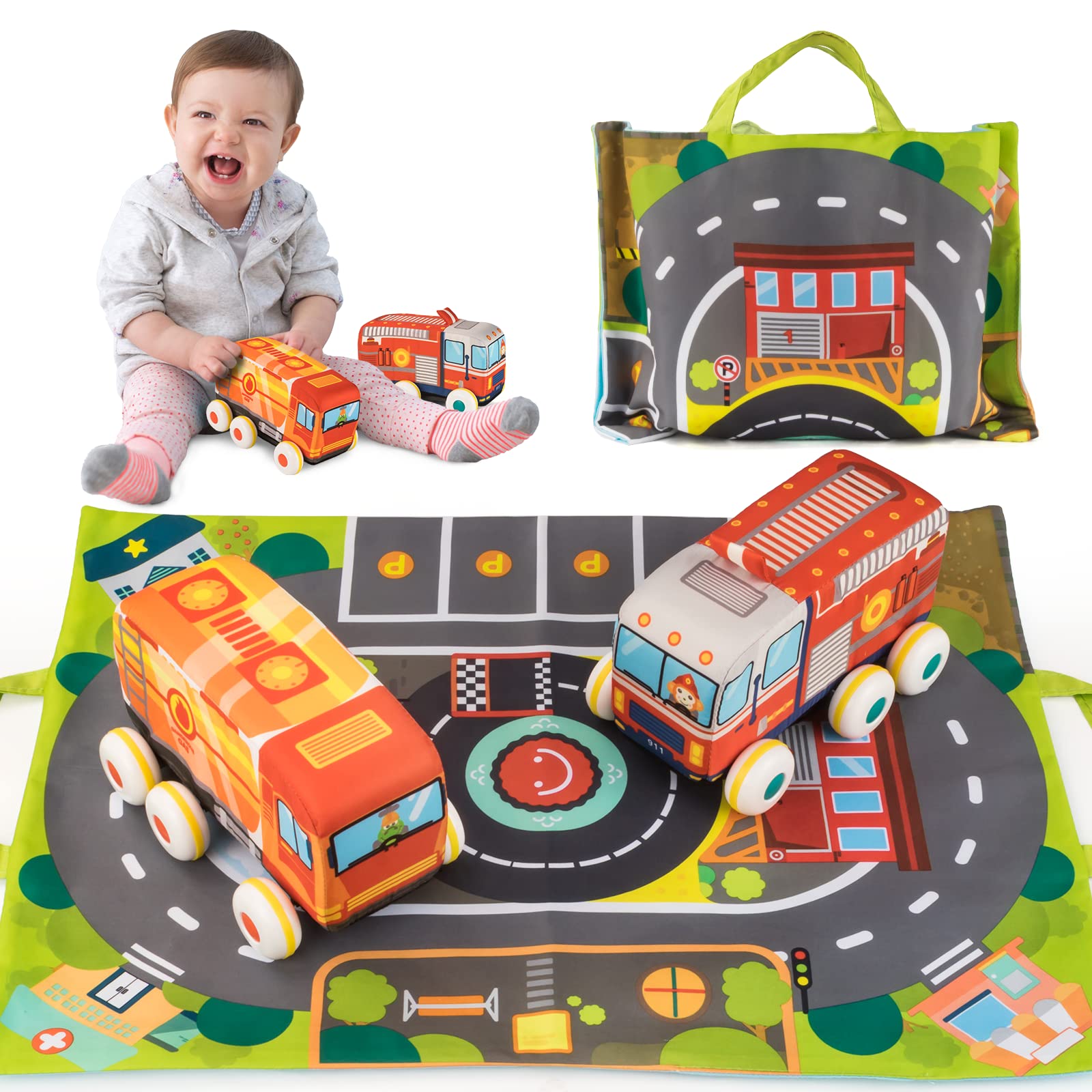 UNIH Car Toys for 1 Year Old Boy,Soft Plush Car Set with Play Mat,Pull-Back Vehicle Baby Soft Car Toys for Baby Toddlers 1 2 Year Old Boy Girl