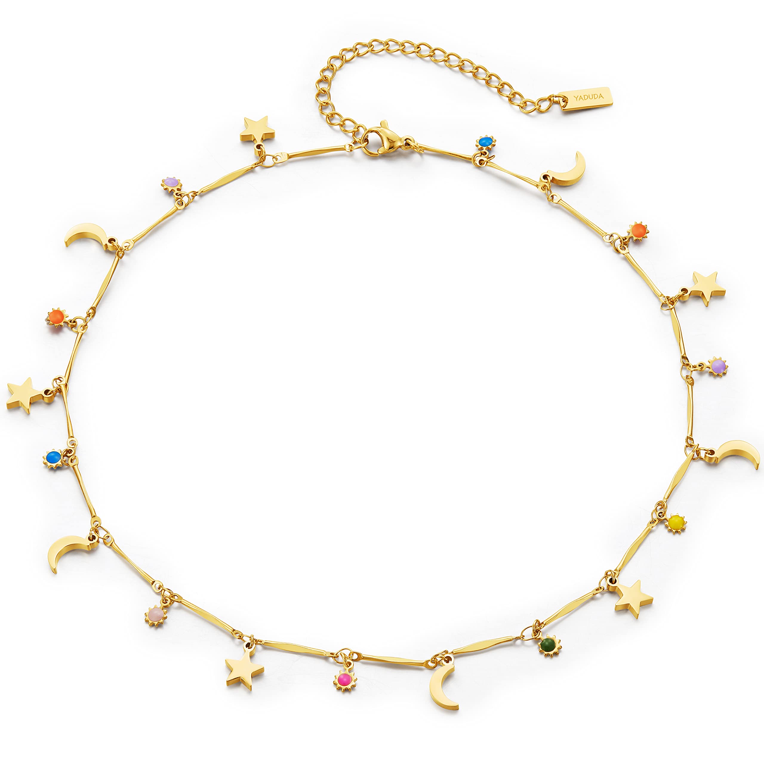 YADUDA Gold Moon and Star Sun Necklace Non Tarnish 18k Gold Plated Dainty Gold Necklace Colorful Charm Gold Choker Necklaces for Women Preppy Necklace