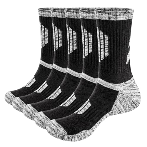 YUEDGE Men's Hiking Socks Moisture Wicking Casual Black Men Socks Cotton Cushioned Mid Calf Work Athletic Socks for Men Size 6-9, 5 Pairs