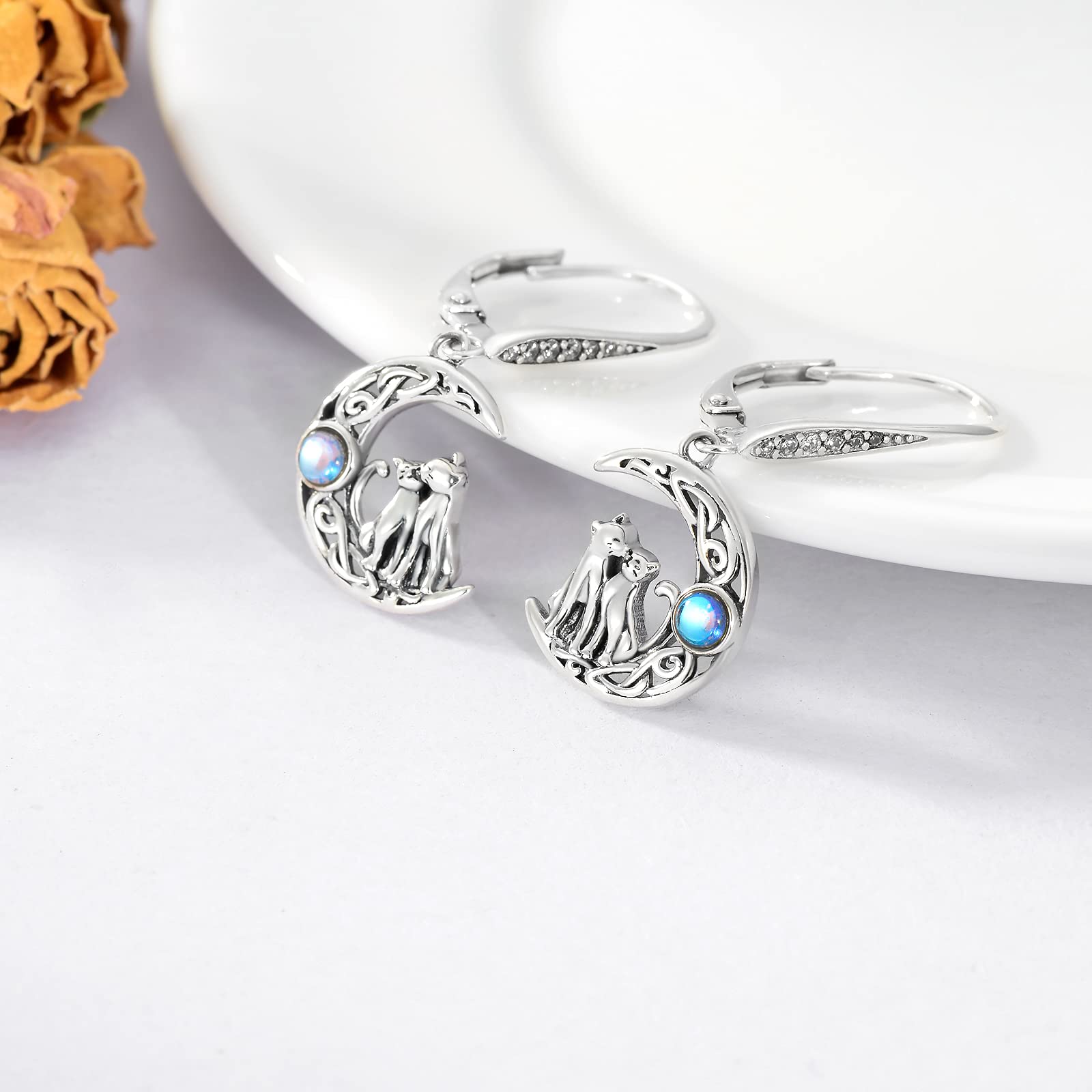 YAFEINI Cats Dangle Earrings Sterling Silver Crescent Moon and Moonstone Drop Earrings Jewerly Gifts for Cats Lovers Women (Cats Dangle Earrings)
