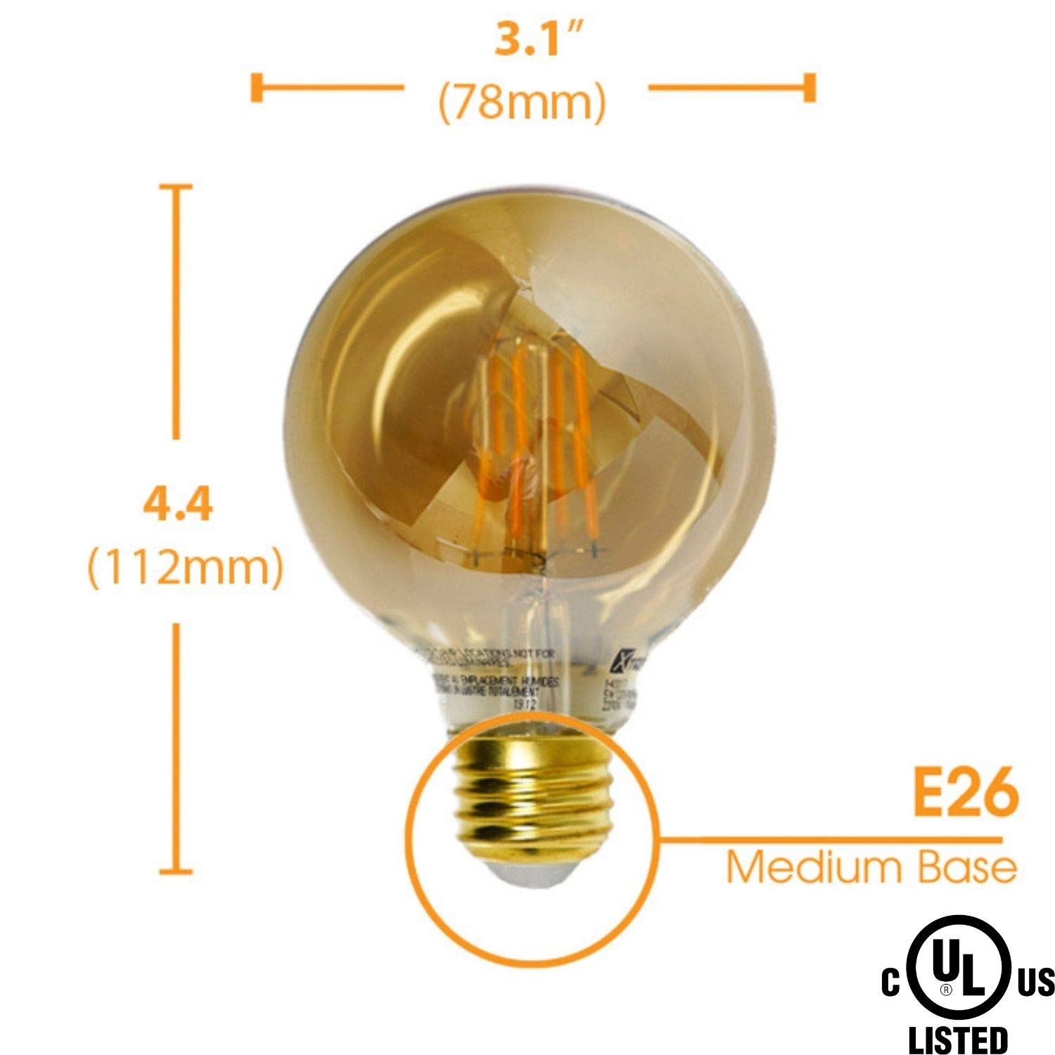 Xtricity Vintage G25 LED Globe Light Bulbs, Dimmable, Amber Glass, 5W (40W Replacement), 2200K Soft White, 350 Lumens, E26 Globe Bulb, 120V (2 Pack)