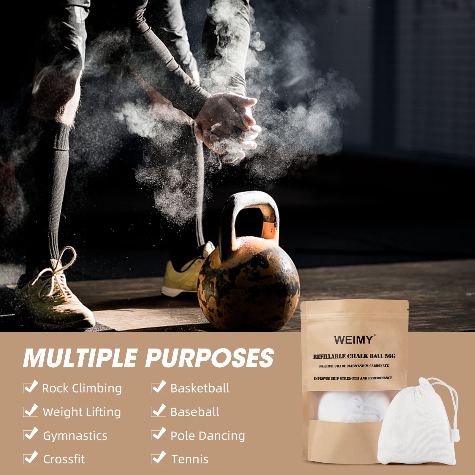 WEIMY Chalk Ball 2 oz, Refillable Chalk Ball for Chalk Bag for Rock Climbing, Weightlifting, Gymnastics, Gym Chalk Sock, Workout Chalk for Hands
