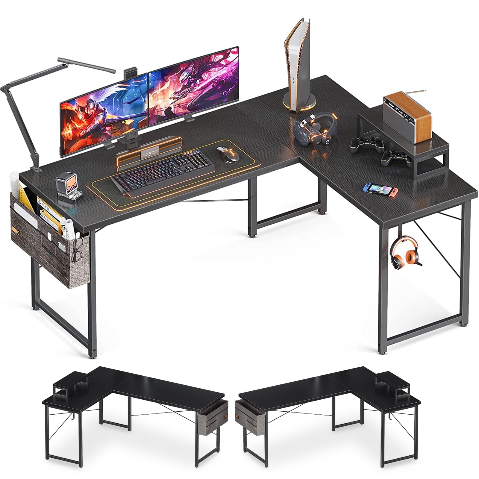 ODK L Shaped 66" Corner Desk, Computer Gaming Home Office Writing Desk with Monitor Shelf, Space-Saving Workstation Modern Simple Wooden Desk, Easy to Assemble, Black