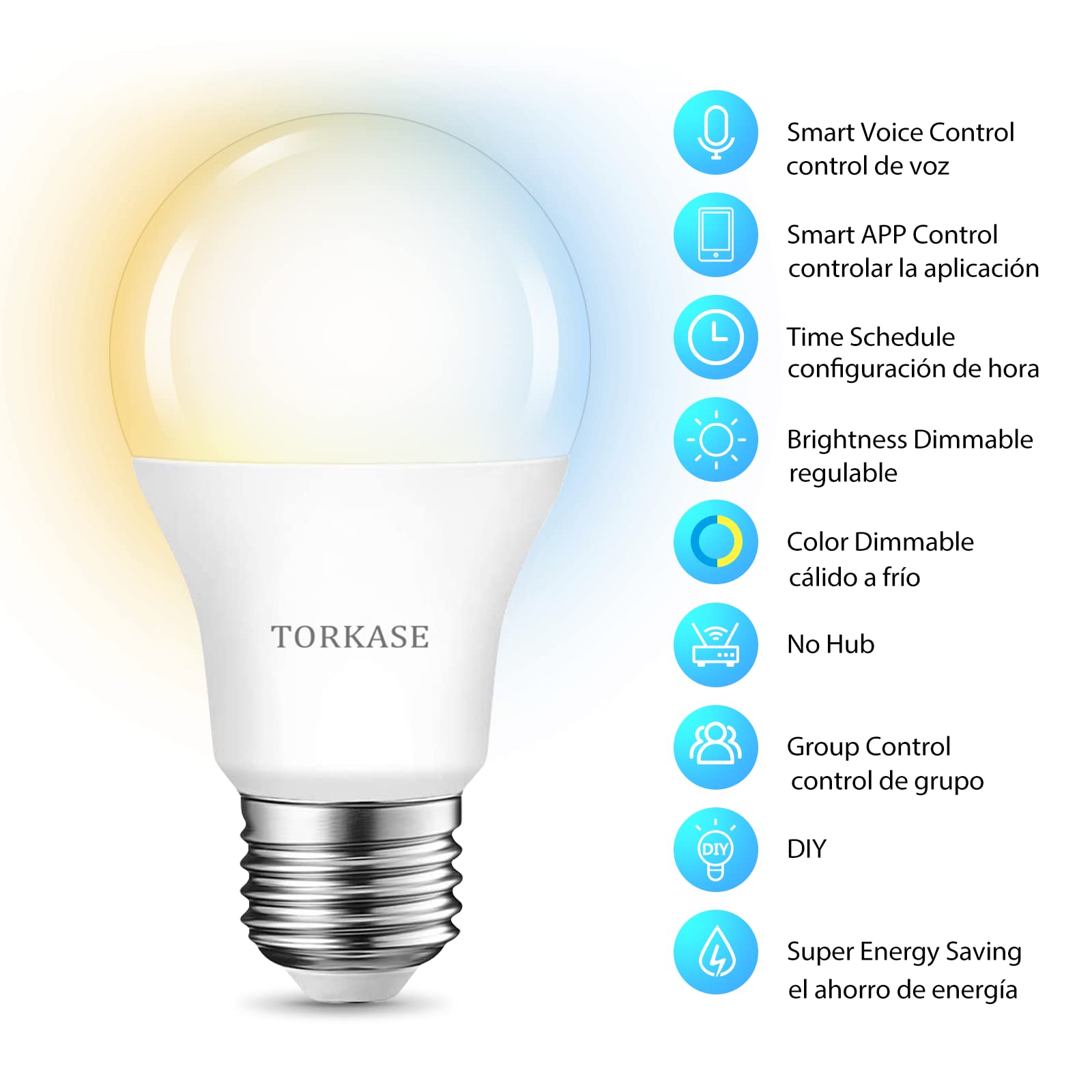Torkase Smart Light Bulbs Work with Alexa and Google Home -No Hub Required, WiFi LED Bulb 2700K Warm White to 6500K Daylight Dimmable, 10W WiFi Light Bulb, APP Remote Control, 2.4Ghz Only, 4 Pack