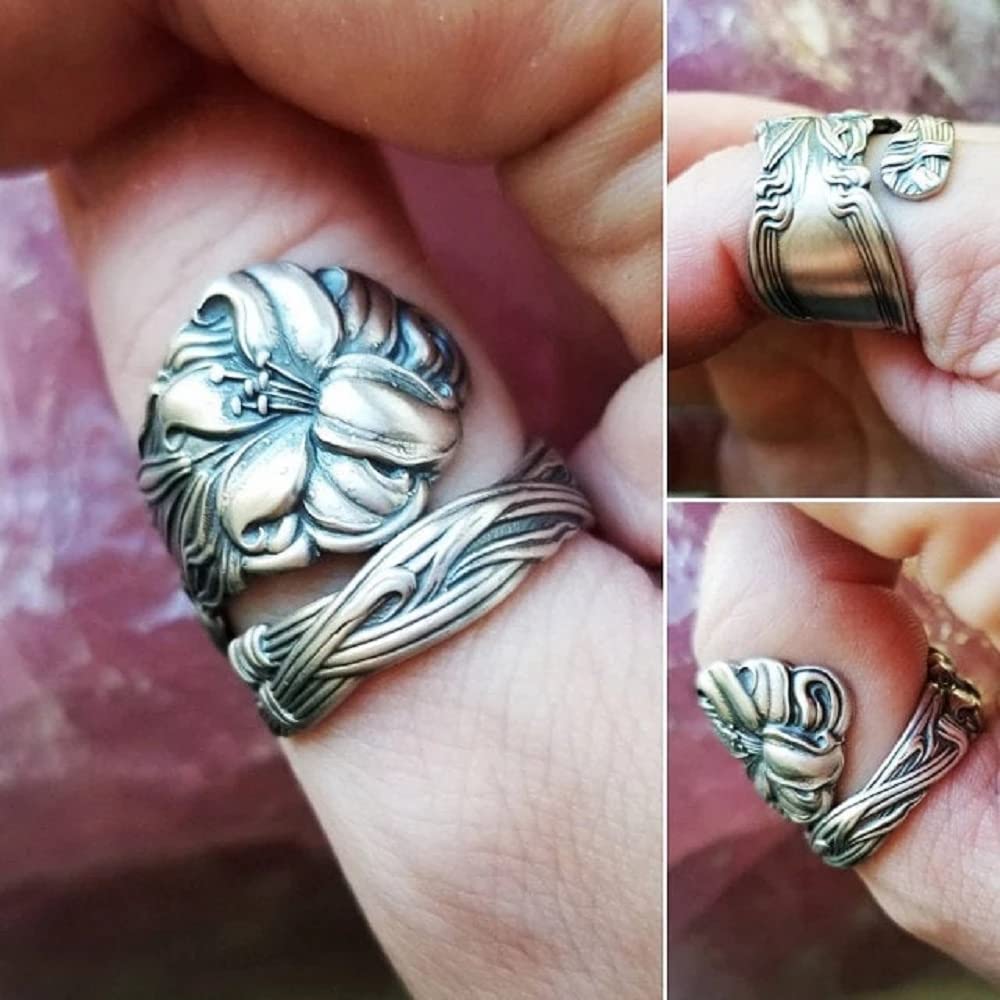 ZhxshwHdd Adjustable Spoon Rings For Women Men Silver Vintage Flower Cross Boho (Alloy1 Cross, Adjustable)
