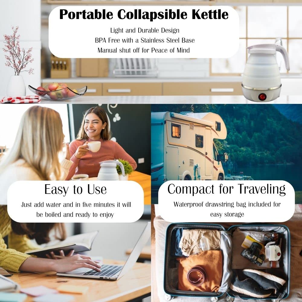 Portable collapsible electric kettle, small travel foldable BPA free fast water boiling tea kettle, dual voltage, 600ml with collapsible pour over coffee dripper and waterproof storage bag