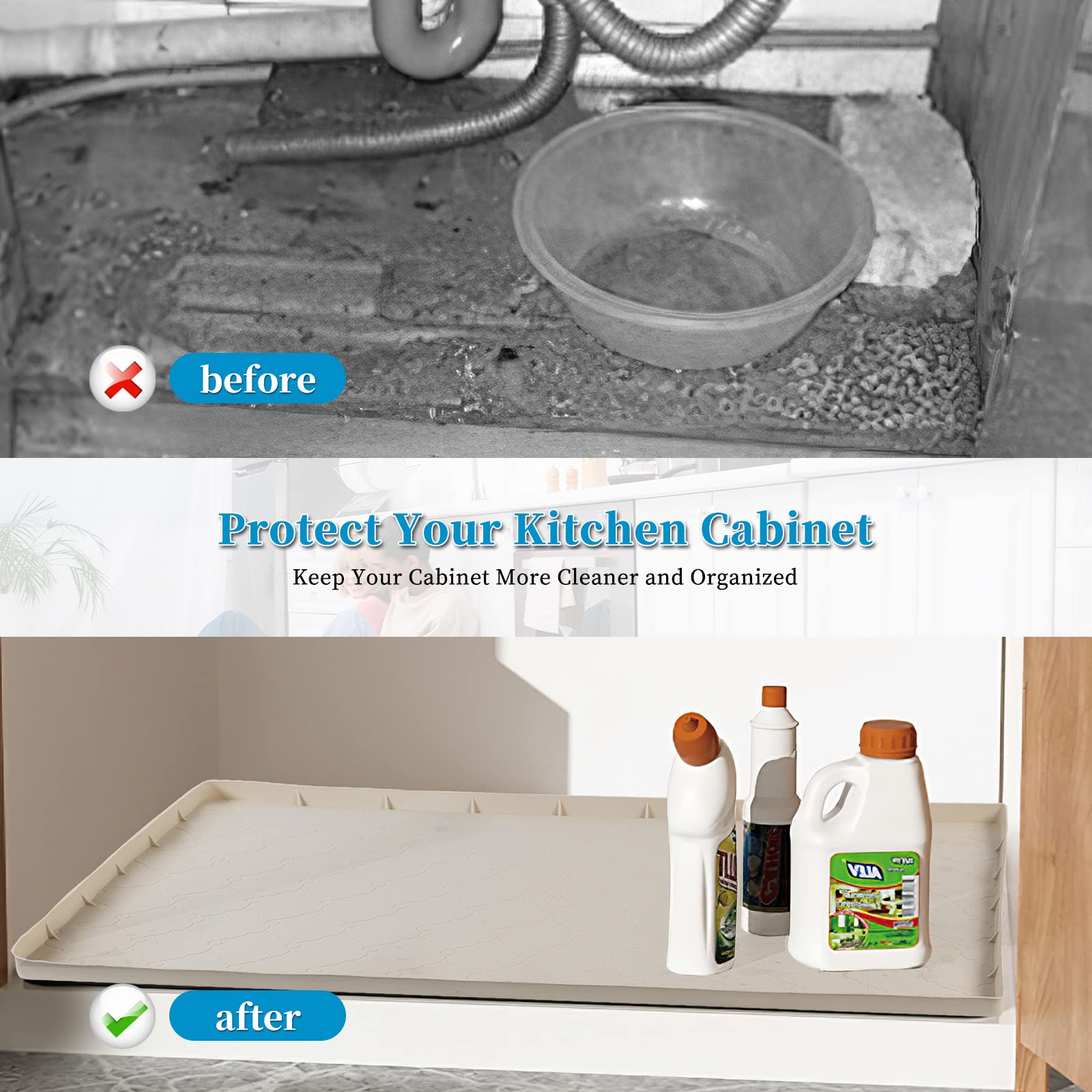 Under Sink Mat for Kitchen Waterproof, 34" x 22" Undersink Mats for Bottom of Bathroom Sink with Drain Hole, Waterproof Kitchen Bathroom Under Sink Tray and Protector for Drips Leaks Spills, Beige