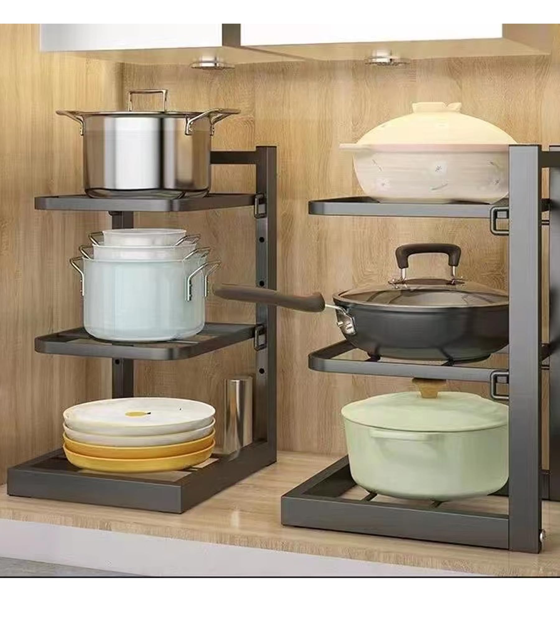 Pot and Pan Organizer for under Cabinet Baking Pan Organizer Rack Pot Rack Pot Organizer Pot and Pan Rack Pan Storage Pot Lid Pan Holder under Sink For Kitchen Organization (3 Tier)