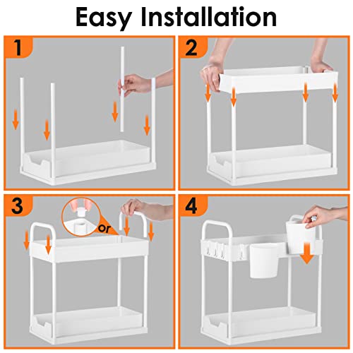 Under Sink Organizer, 2 Tier Sliding Bathroom Organizer Cabinet Storage with Hooks, Hanging Cups, Handles, Multi-purpose Under Sink Shelf Organizer for Bathroom Kitchen(1 Pack)