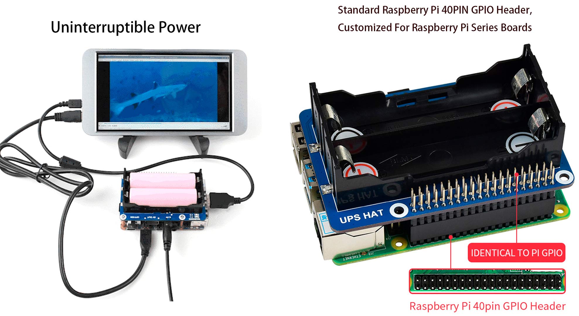 Uninterruptible Power Supply UPS HAT for Raspberry Pi Series Boards(Raspberry Pi 4 Model B/3B+/3B) Charge and Power Output at The Same Time,Multi Battery Protection Circuits
