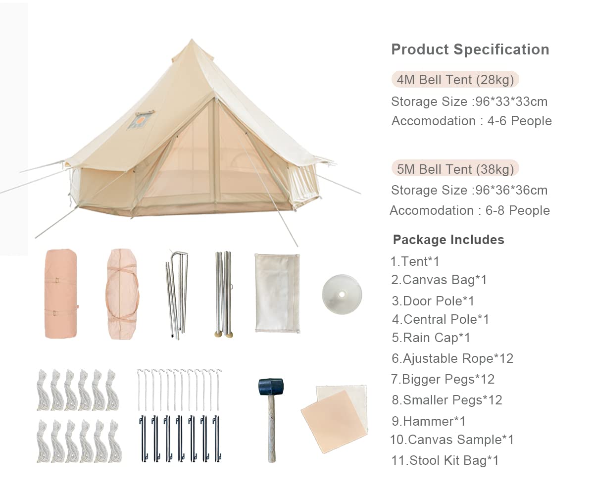 Yurtent 4/5M Canvas Tent, Bell Tent with Stove Jack, 4/6/8 Person Camping Yurt Tent All Seasons, Breathable & Waterproof