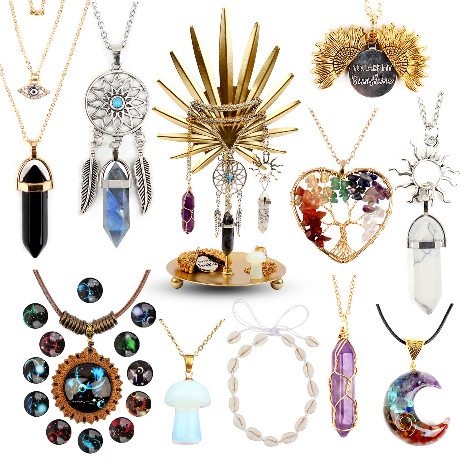 vuUUuv Constellation energy Healing Crystal Necklace Bullet Shape Energy Gemstone Pendant with Adjustable Chain，for Meditation ，Balance，Birthday Gifts (Colorful)