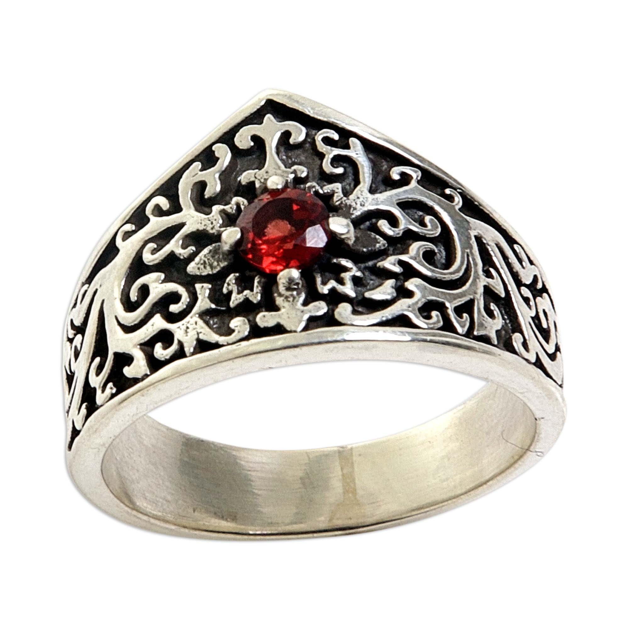 NOVICA Artisan Handmade Garnet Band Ring .925 Sterling Silver from Indonesia Aurora Birthstone 'Red Crown'