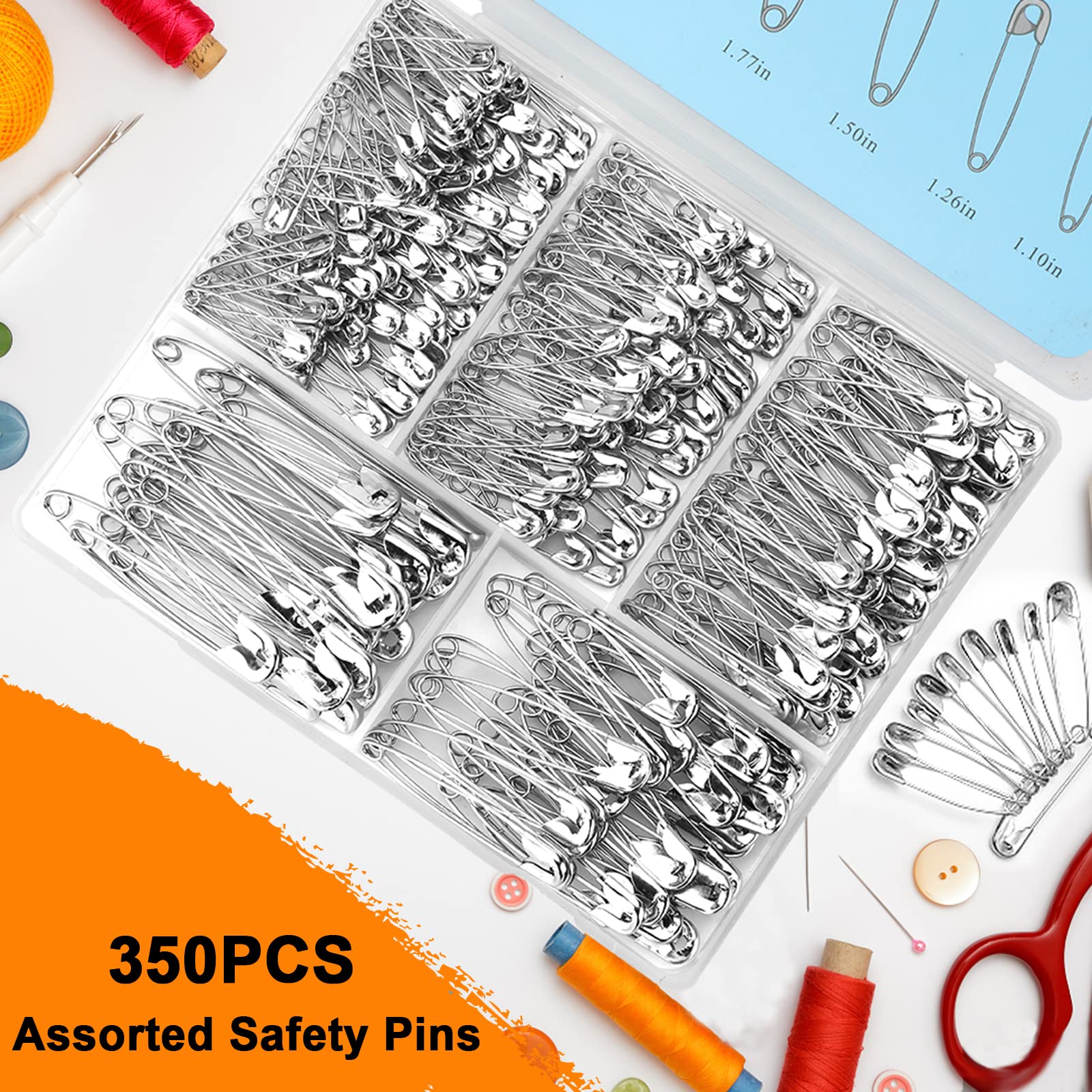 Safety Pins Assorted, Hiidayy 350PCS Nickel Plated Steel Large Safety Pins Heavy Duty, 5 Different Sizes Safety Pin, Safety Pins Bulk (Silver)