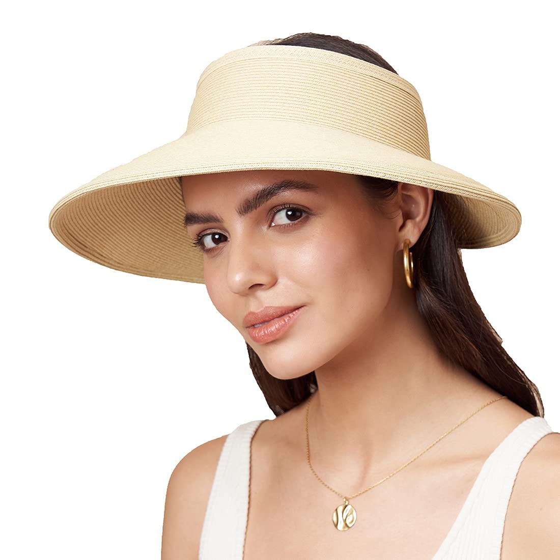 Pineapple&Star Vienna Visor Women's Summer Sun Straw Foldable Hat UPF 50+ (Beige)