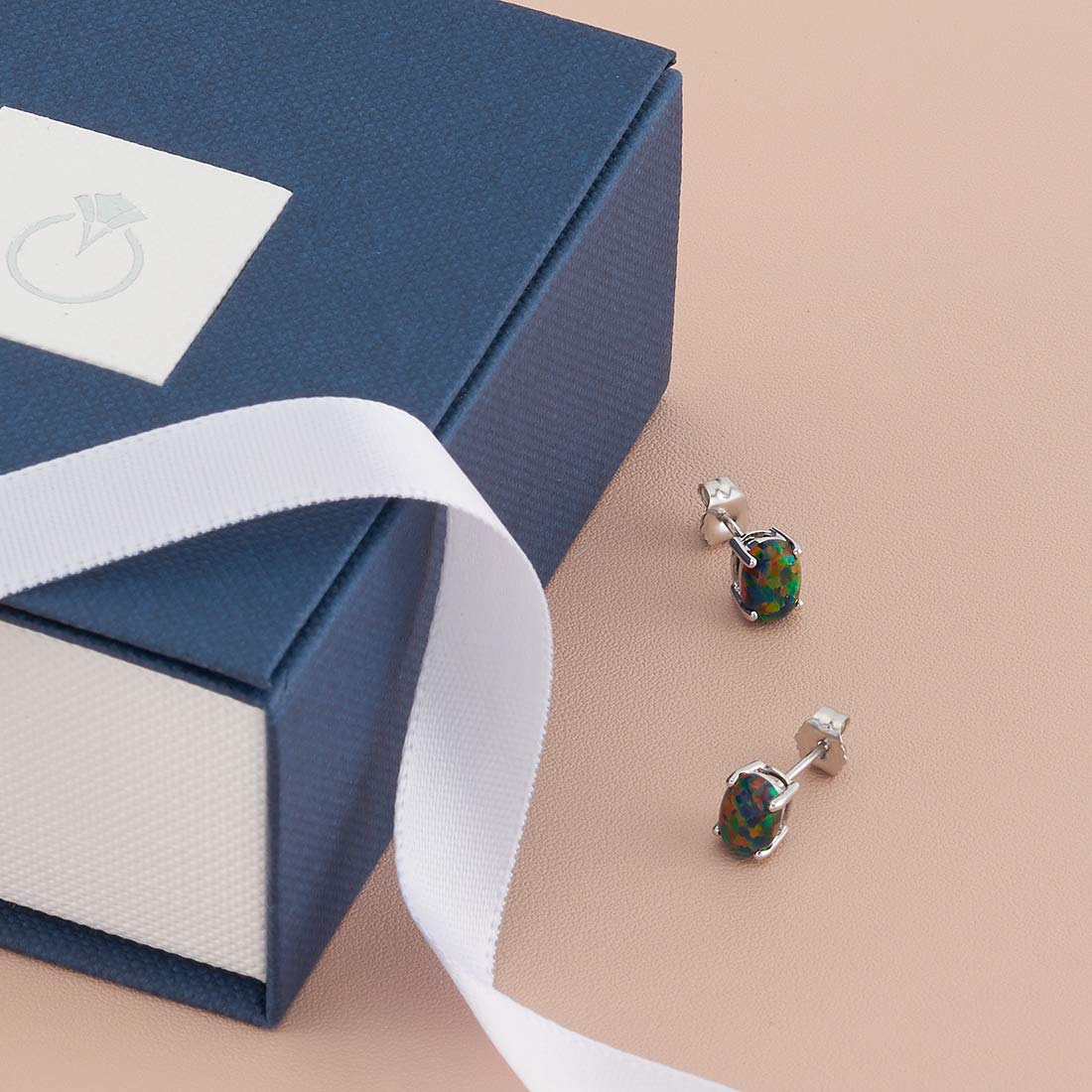 Peora Solid 14K White Gold Created Black Fire Opal Earrings for Women, Classic Solitaire Studs, 7x5mm Oval Shape, 1 Carat total, Friction Back