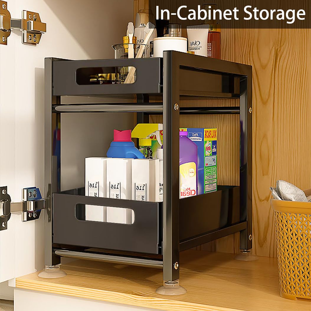 Under Sink Organizer and Storage - PFDHQS Upgraded All Metal, 2 Layers Pull-Out, Large Capacity - Ideal for Bathroom and Kitchen Cabinet Organization and Storage (Black-1Piece)